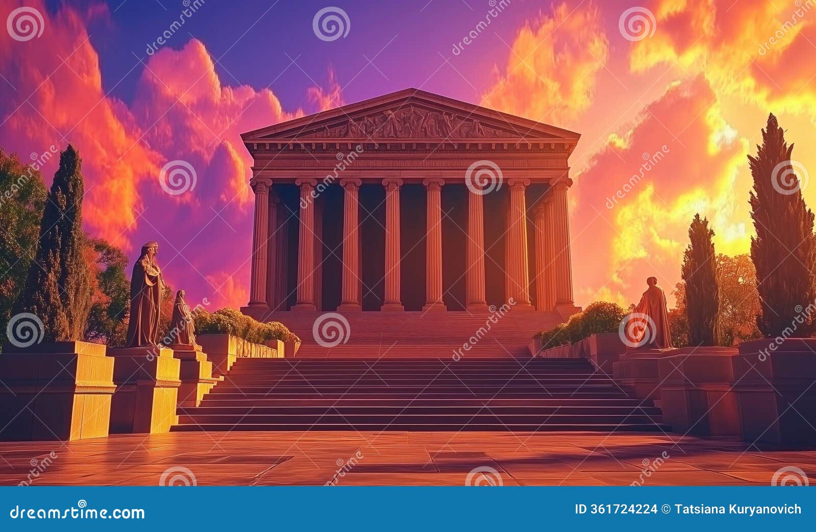 Ancient Greek Temple Surrounded by Statues Under Vibrant Sunset Sky ...