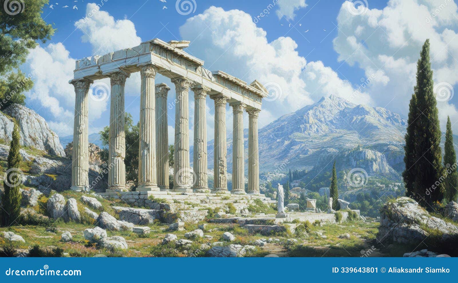 Ancient Greek Temple with Towering Marble Columns Set Against a ...
