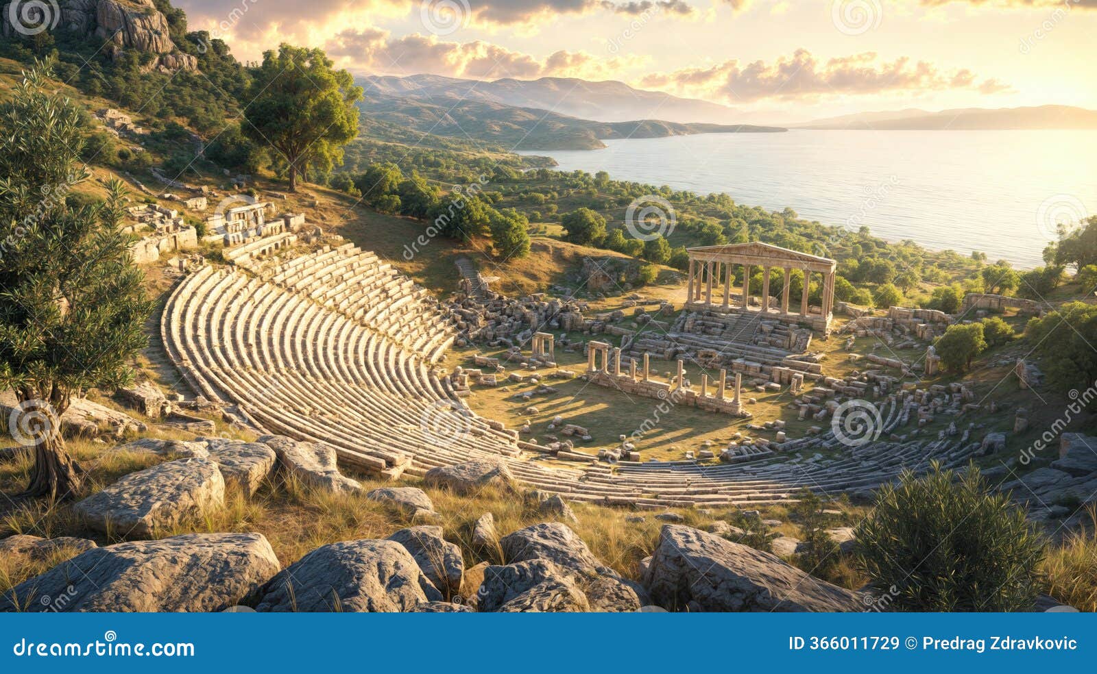 Greek Theater With Stone Seating And Actors Performing A Play ...