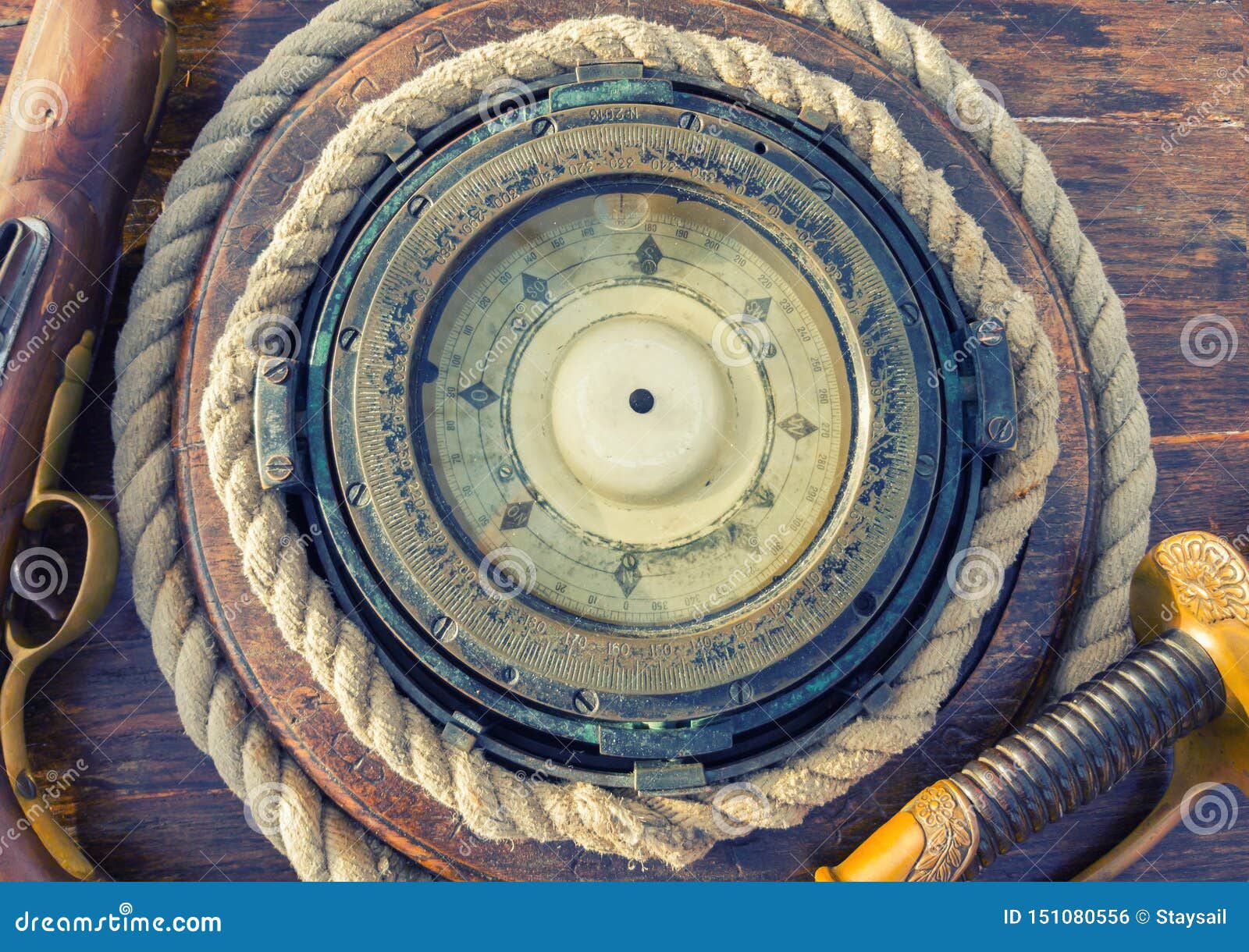 Ancient Gyroscopic Ship`s Compass and Weapons Stock Photo - Image of ...