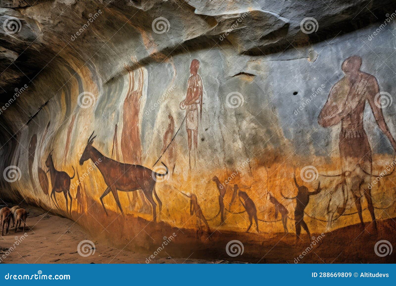 Ancient Hunting Scene Depicted in Rock Art Stock Image - Image of cave ...