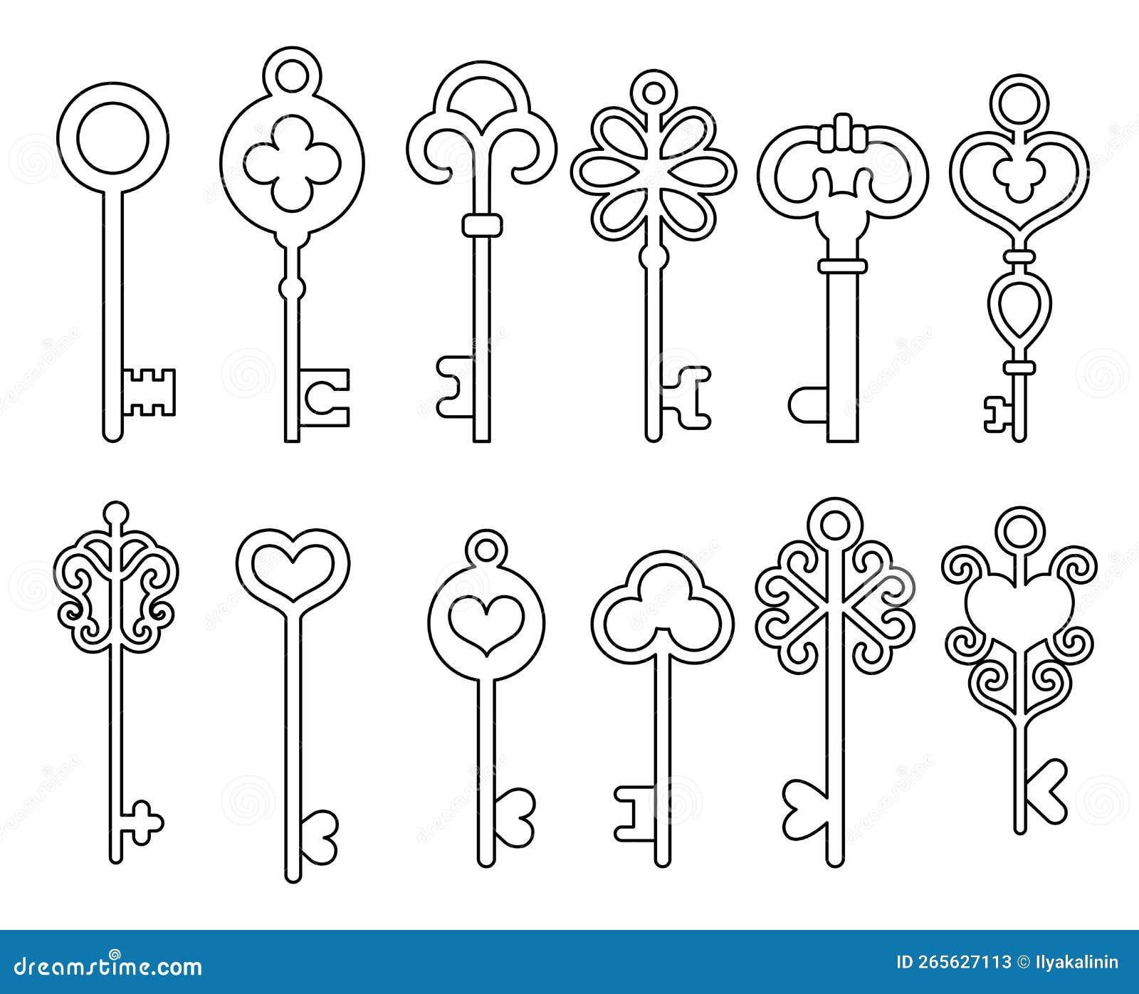 Ancient Key Set. Old Antique Keys. Vector Line. Editable Outline Stroke ...