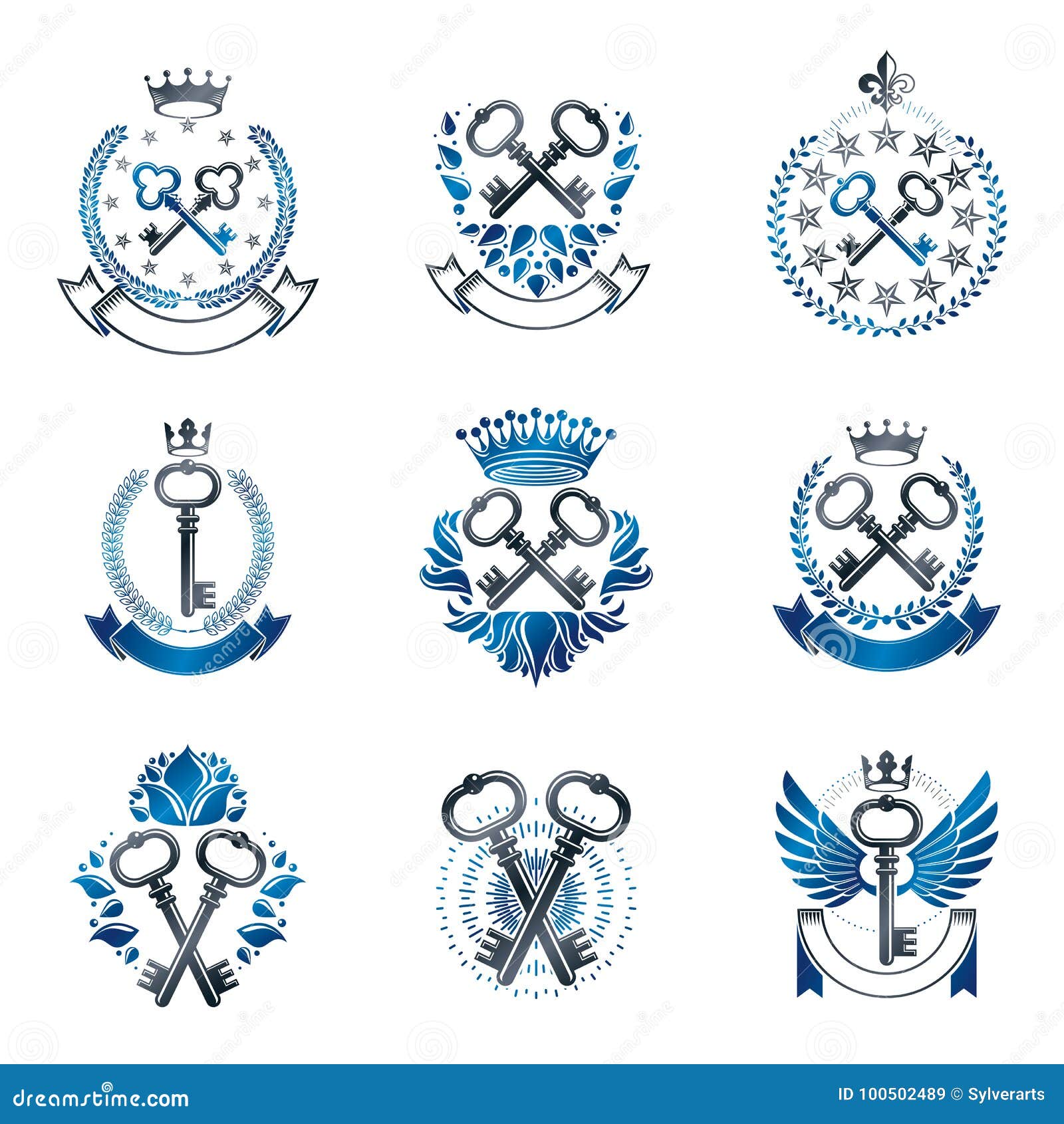 Ancient Keys Emblems Set. Heraldic Coat of Arms Decorative Logos Stock ...