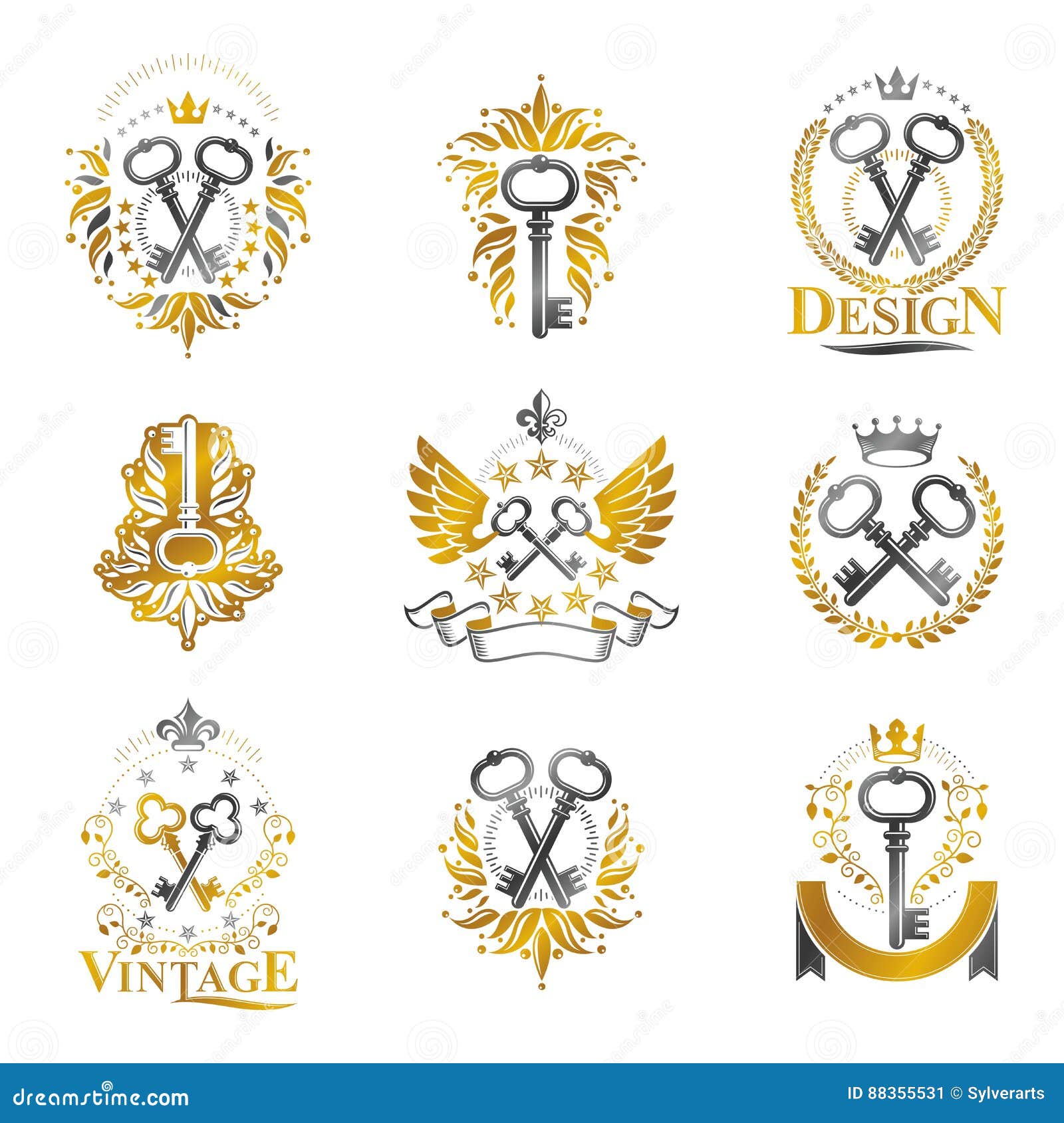 Ancient Keys Emblems Set. Heraldic Coat of Arms Decorative Logos Stock ...