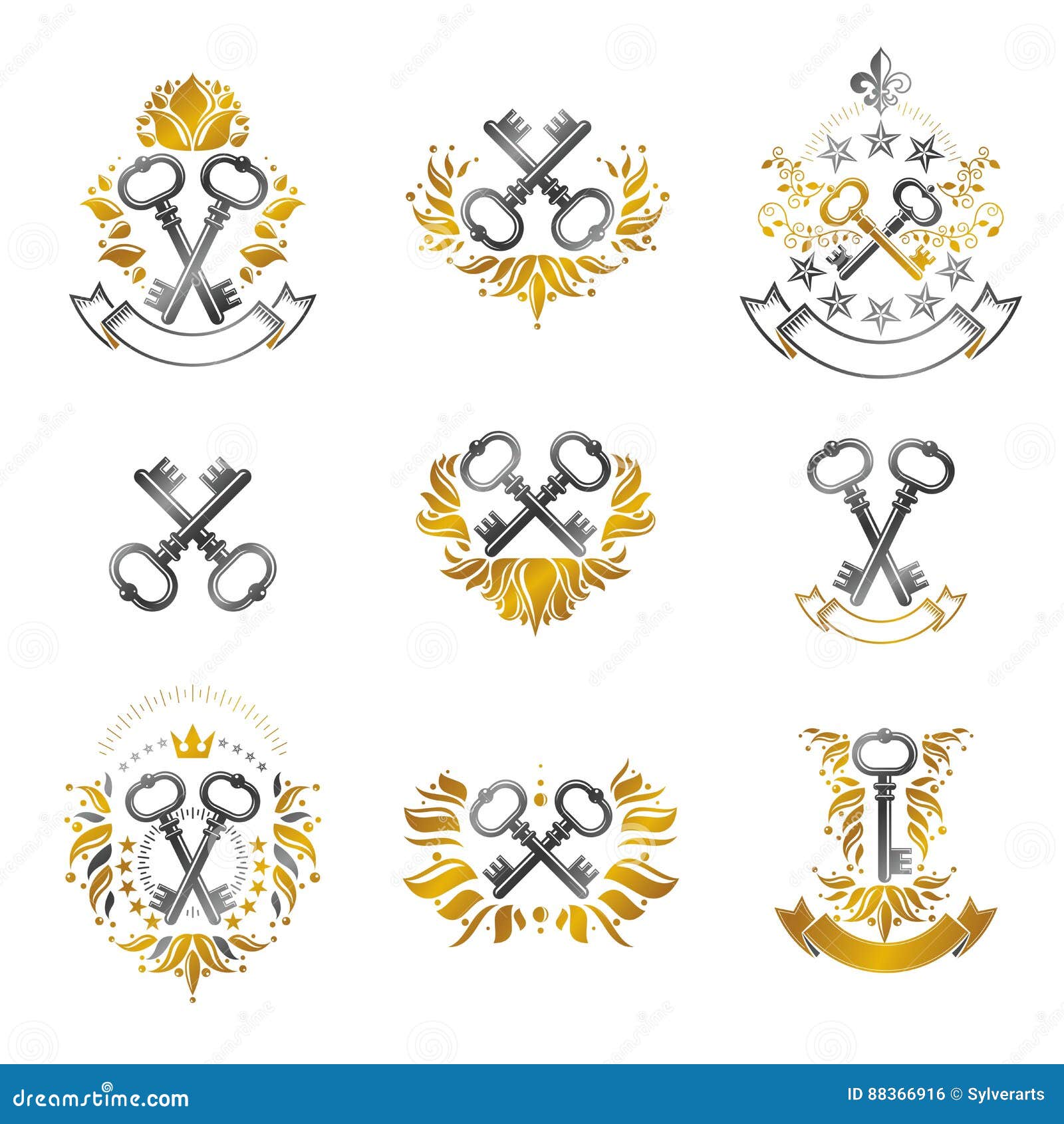 Keys Logos Big Vector Set, Vintage Heraldic Turnkeys Emblems Collection ...