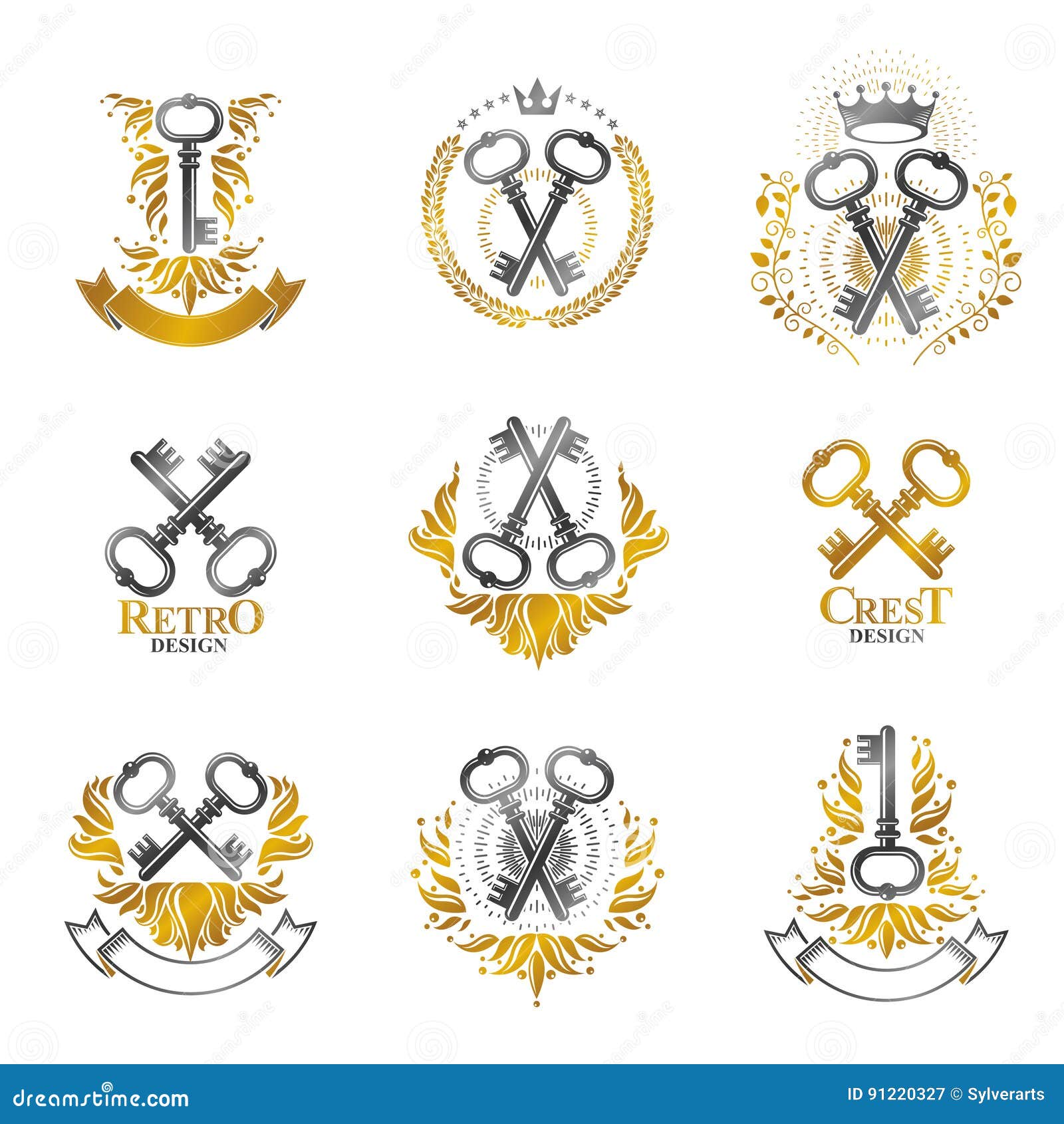 Ancient Keys Emblems Set. Heraldic Coat of Arms Decorative Logos Stock ...