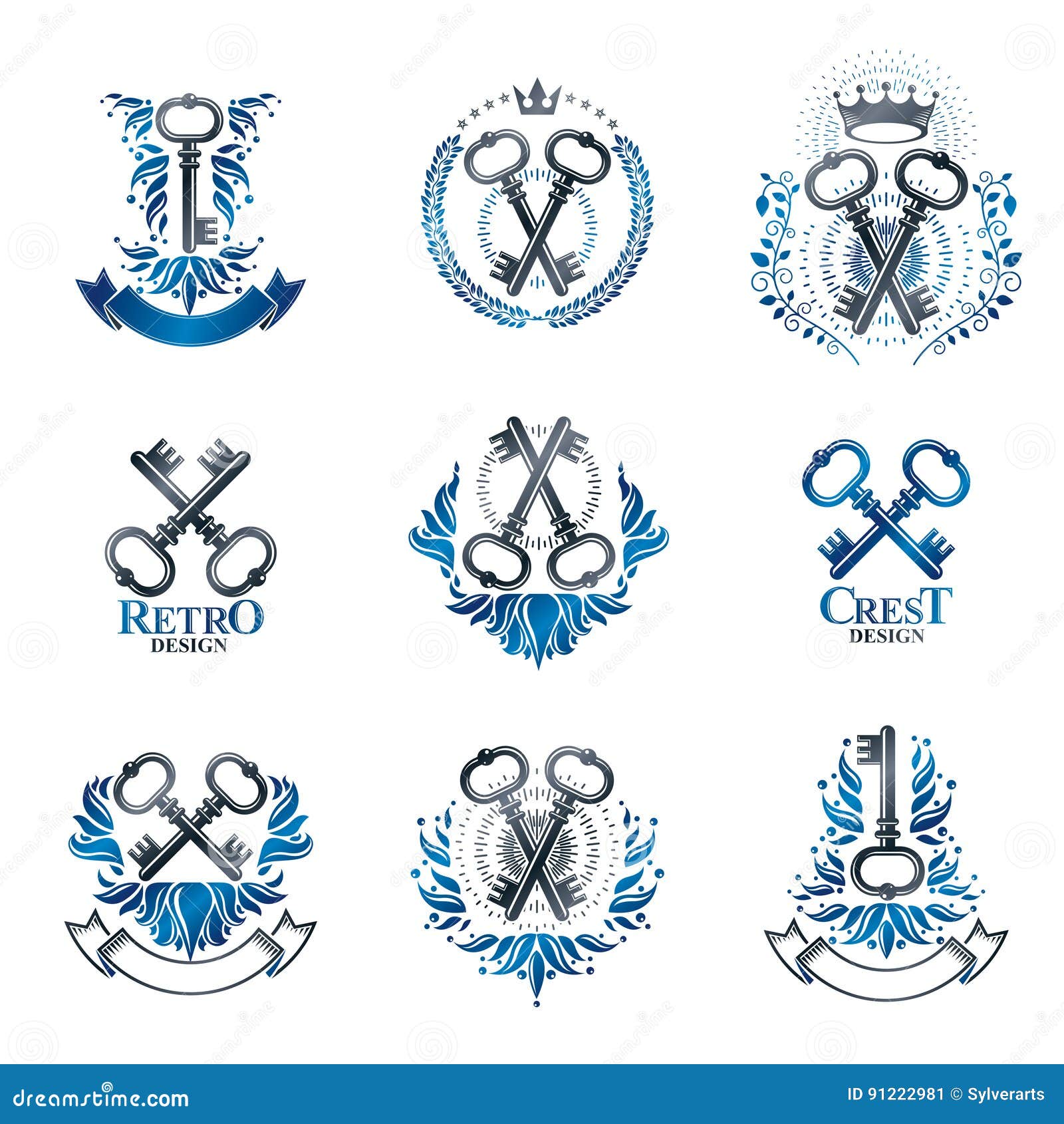 Ancient Keys Emblems Set. Heraldic Coat of Arms Decorative Logos Stock ...