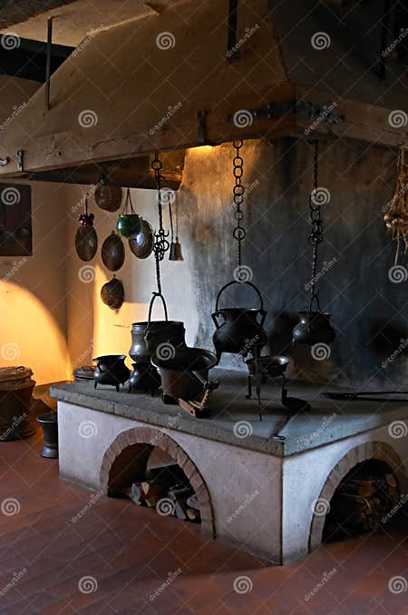 Ancient Kitchen in a 13th Century Castle Stock Image - Image of ...