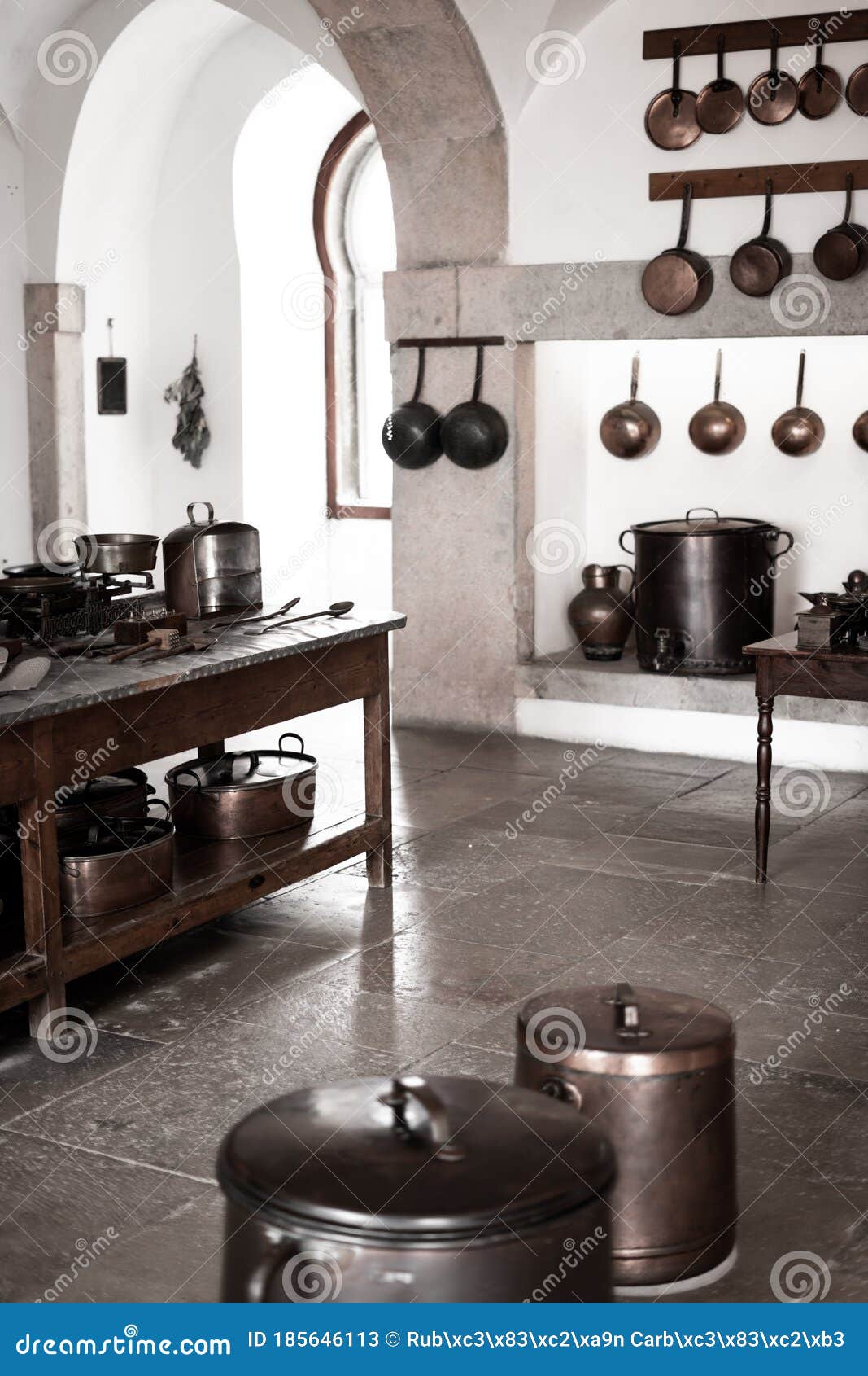 Ancient Kitchen with Old Cookware Stock Image - Image of kitchen, wall ...