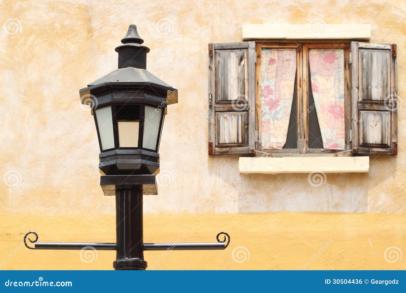 Ancient Lamppost with Vintage Window Stock Photo - Image of electricity ...