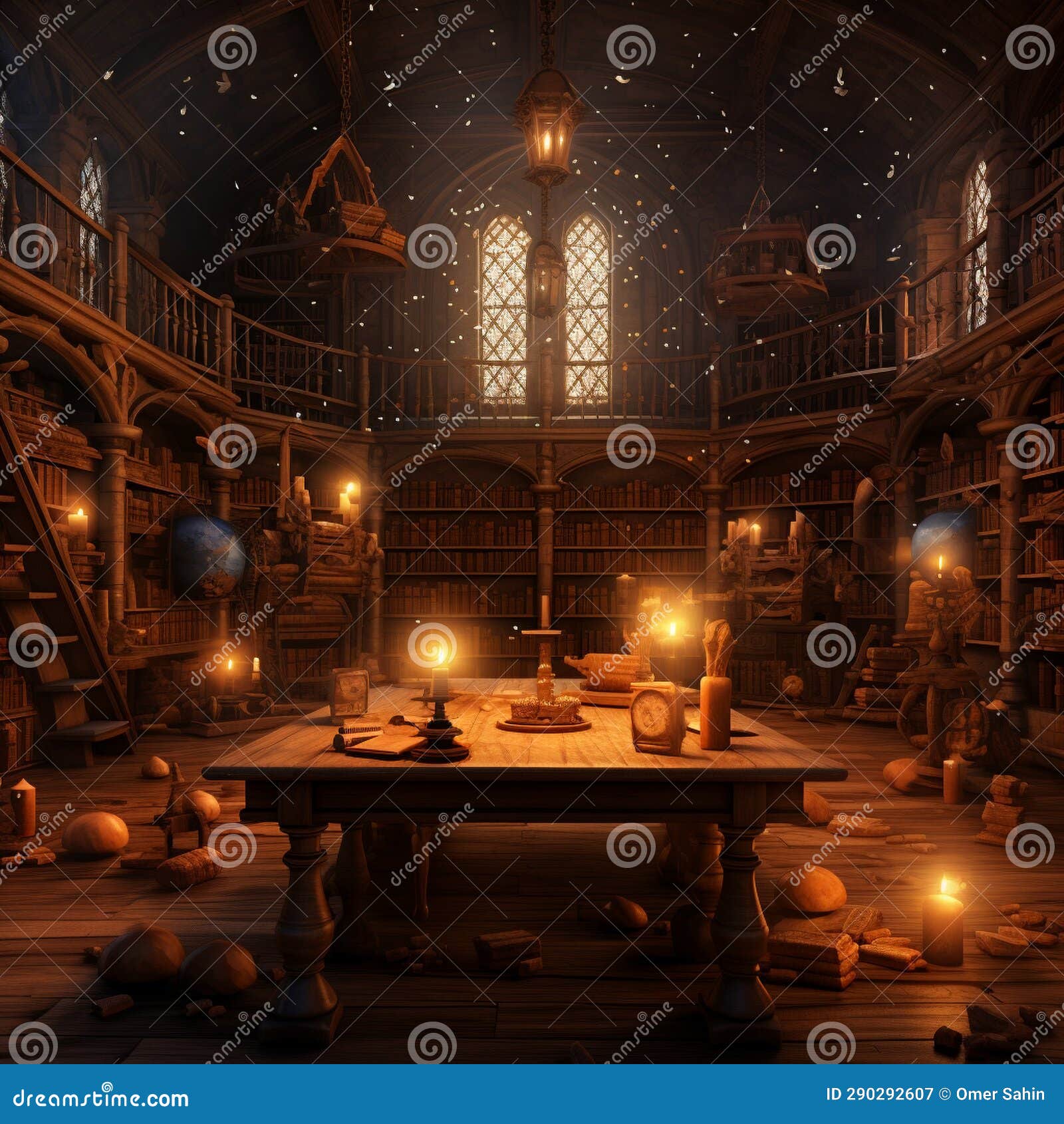 Ancient Library with Dusty Old Scrolls and Flickering Candlelight Stock ...