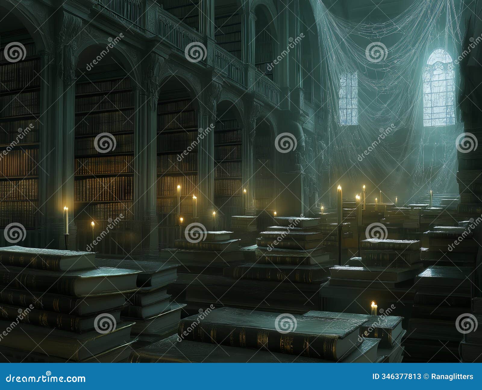 Grand Candlelit Library with Intricate Architectural Designs Stock ...