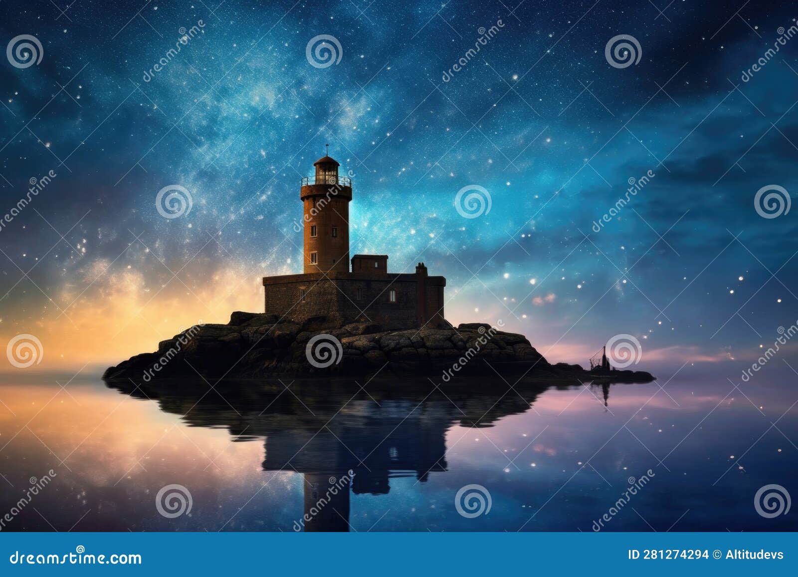 Ancient Lighthouse Silhouetted Against Starry Sky Stock Photo ...