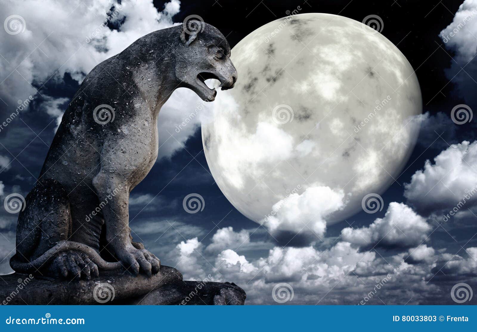 Ancient Lion Statue and Bright Moon in the Night Sky Stock Illustration ...