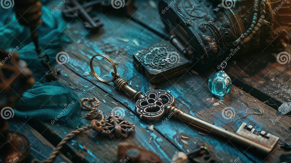 Ancient Lock and Mystical Old Key on Rustic Table with Magical ...