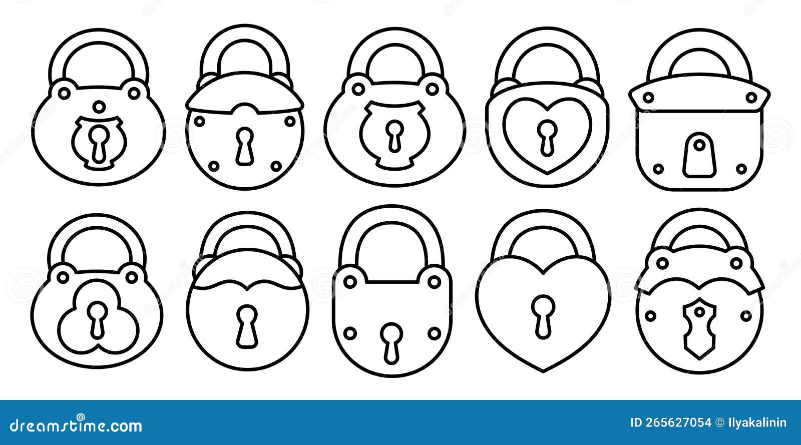 Ancient Lock Set. Old Antique Padlock. Vector Line. Editable Outline ...