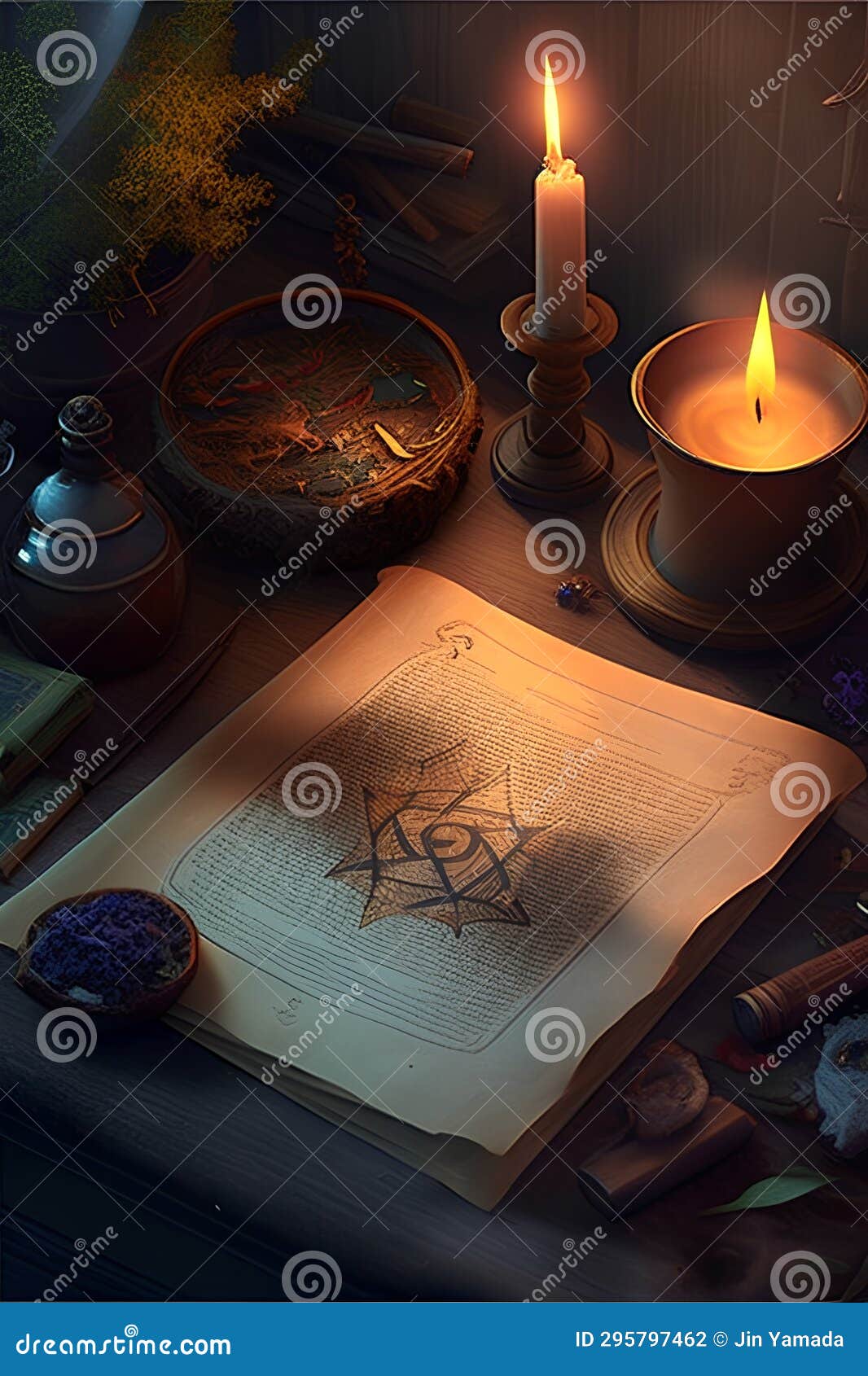 Ancient Magic Book with Candles and Divination. Tarot Cards Stock ...