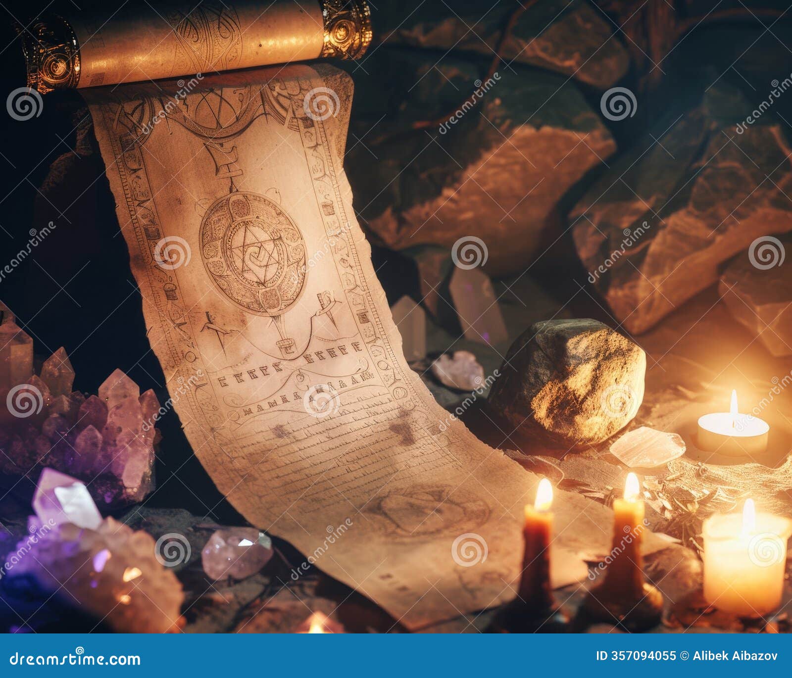 Ancient Magical Scroll in Mystical Cave with Crystals and Candlelight ...