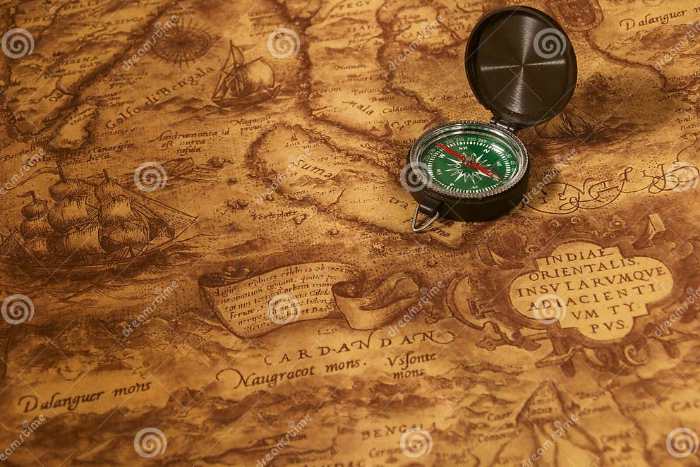 Ancient map and compass stock photo. Image of compass - 103998806