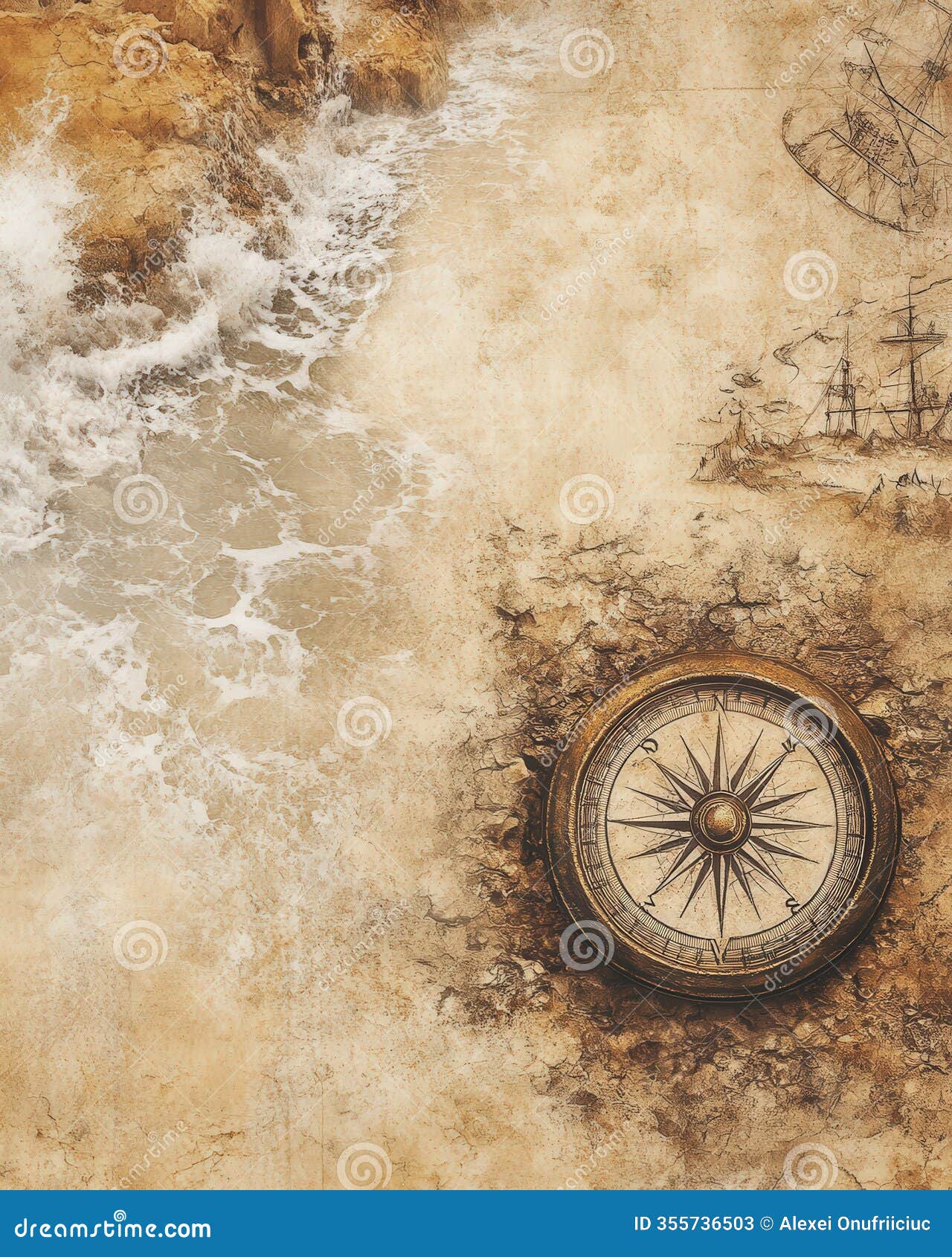 An Ancient Map Featuring a Compass and a Ship Drawn upon it Stock Image ...
