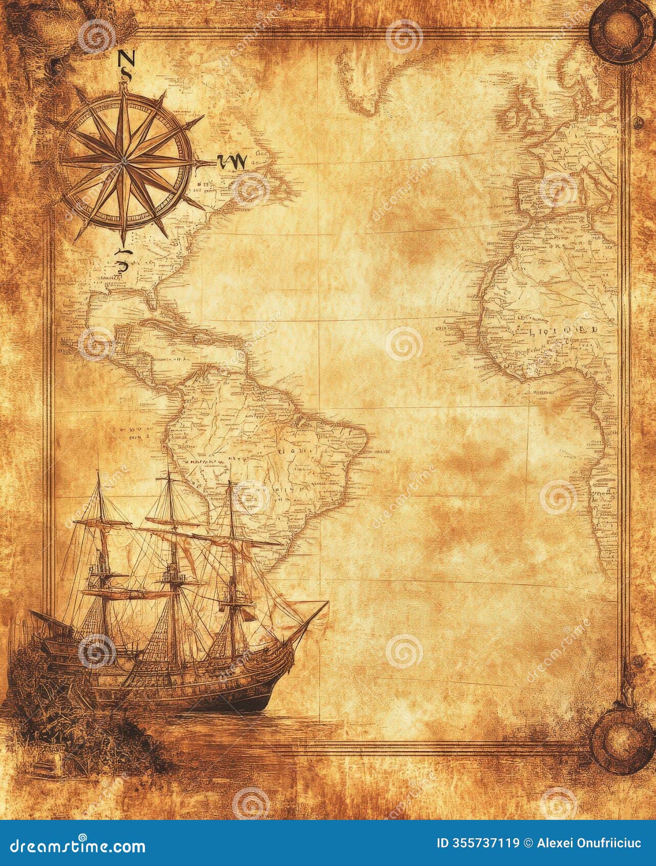 An Ancient Map Featuring a Compass and a Ship Drawn upon it Stock Image ...