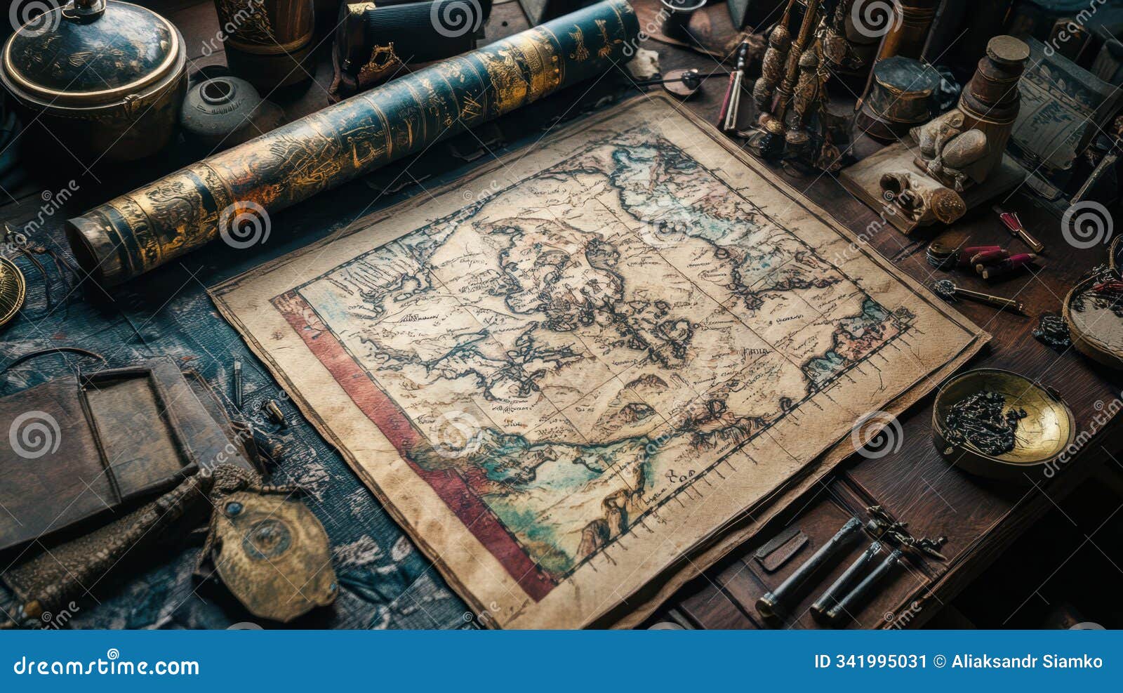 Ancient Map with Intricate Designs Depicting a Mysterious World Stock ...