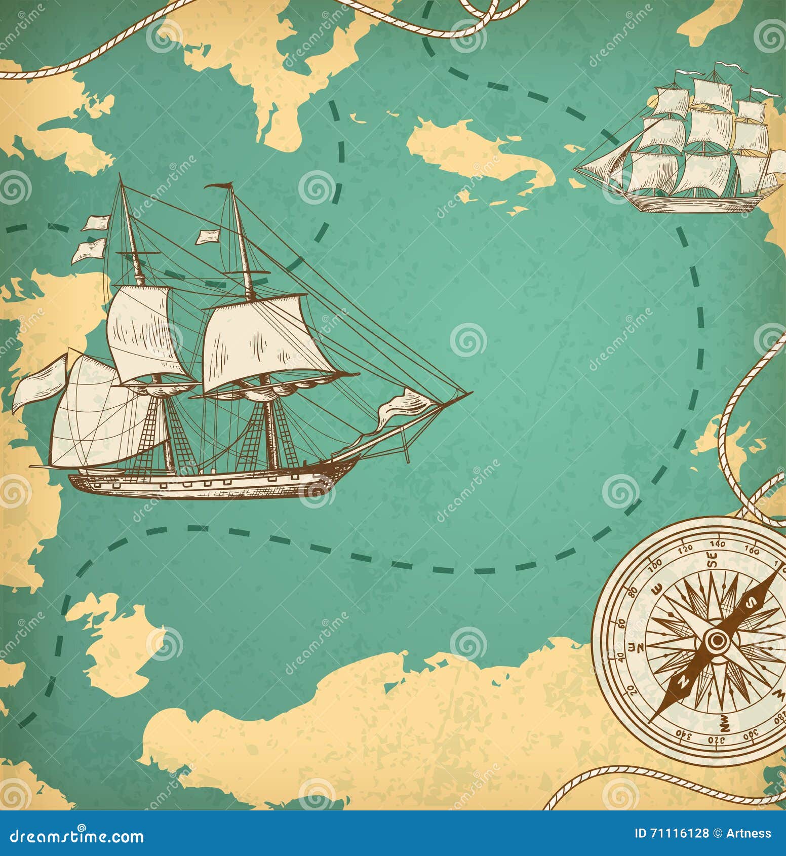 Ancient Map With Ships And Compass Vector Illustration | CartoonDealer ...