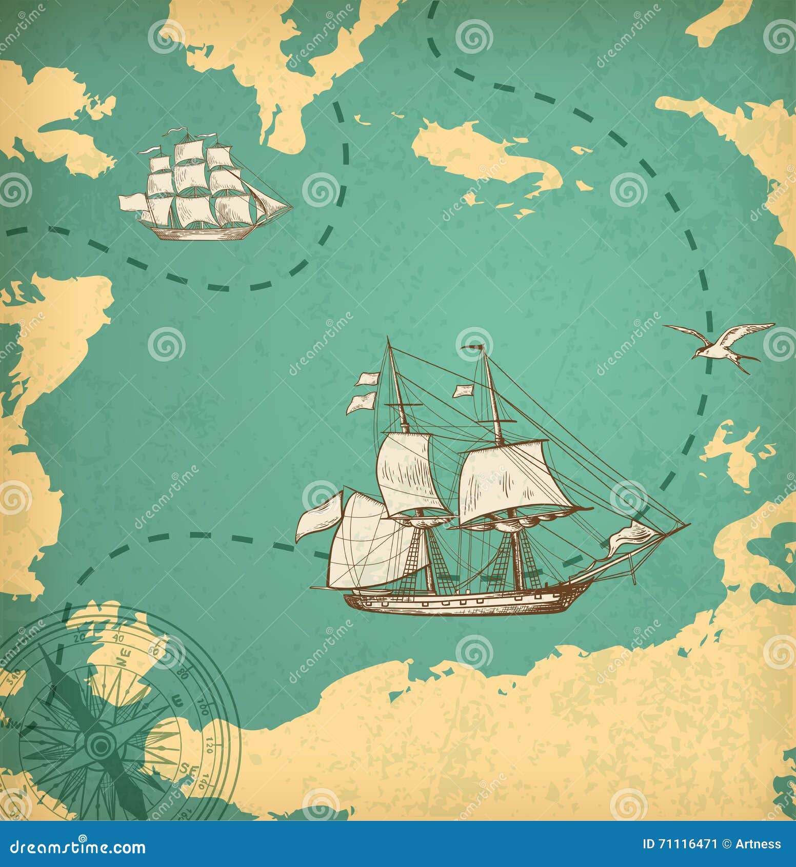 Ancient map with ships. stock vector. Illustration of retro - 71116471