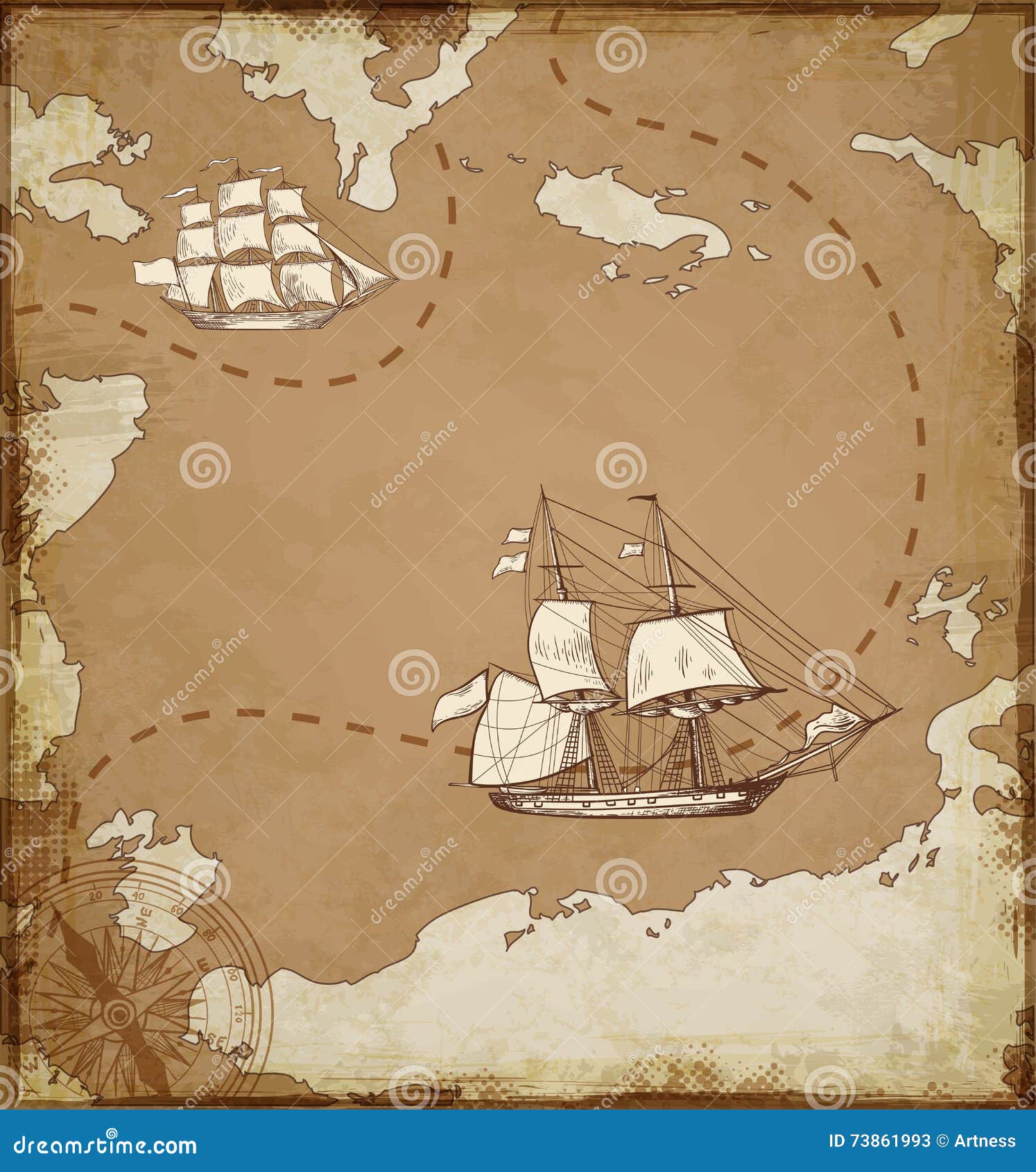 Ancient Map With Ships And Compass Vector Illustration | CartoonDealer ...
