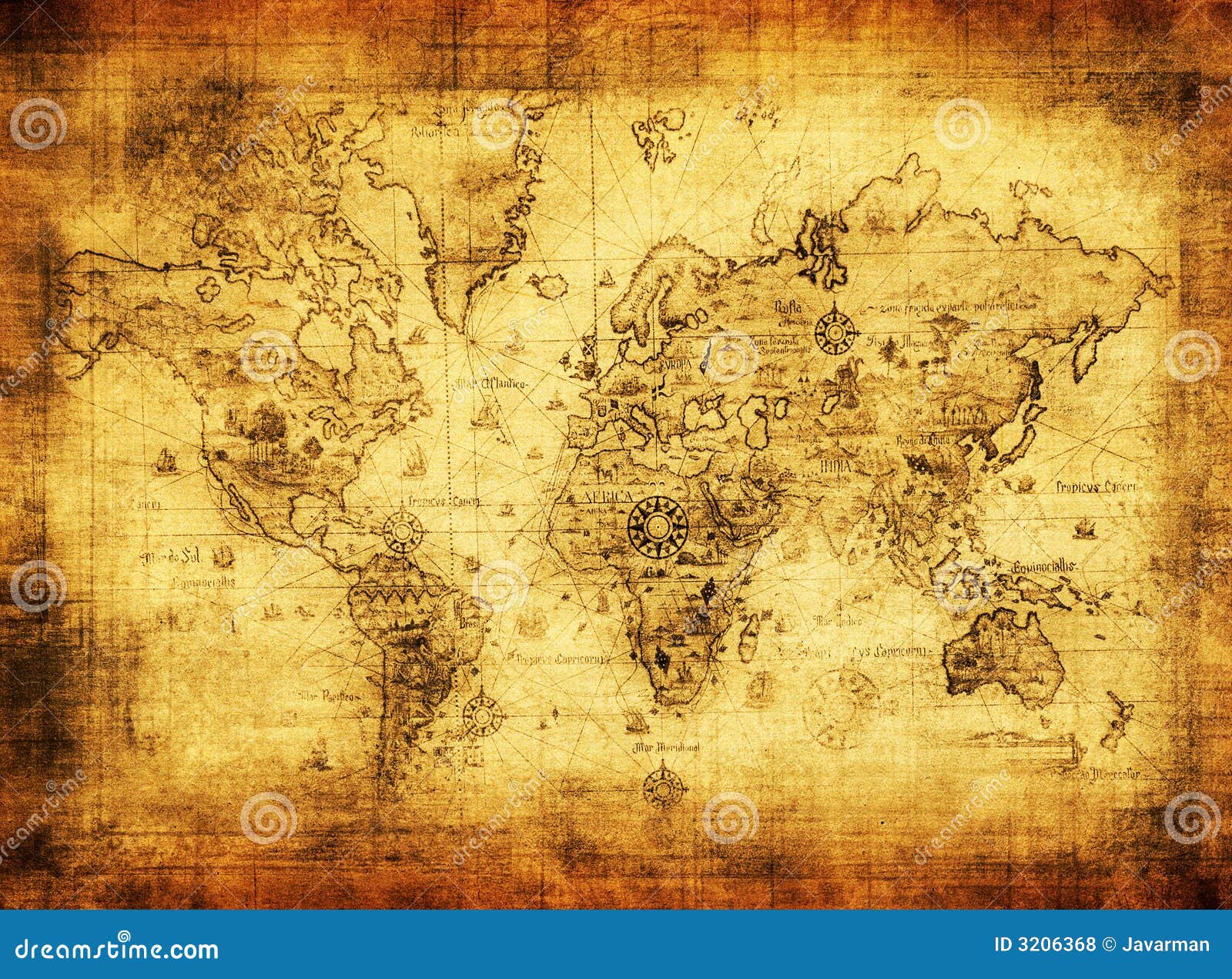 Vintage World Map. Retro Countries Boundaries On Topographic Or Marine ...