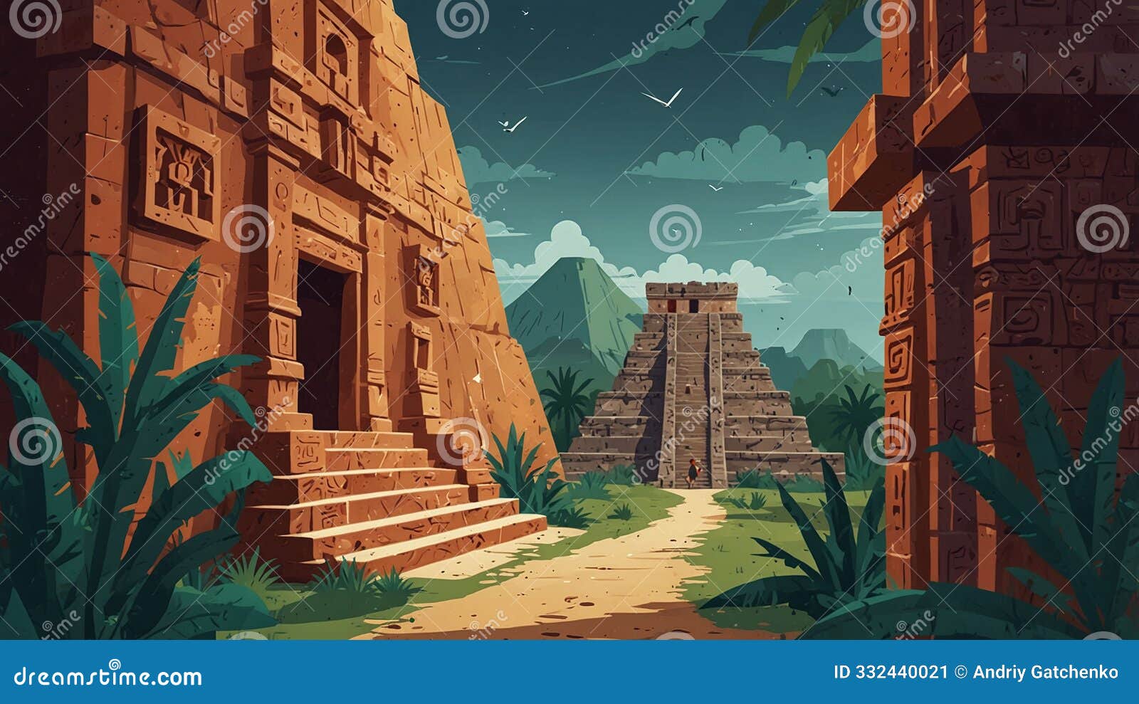 Ancient Mayan Pyramids and Structures in Yucatan Jungle with Mountains ...