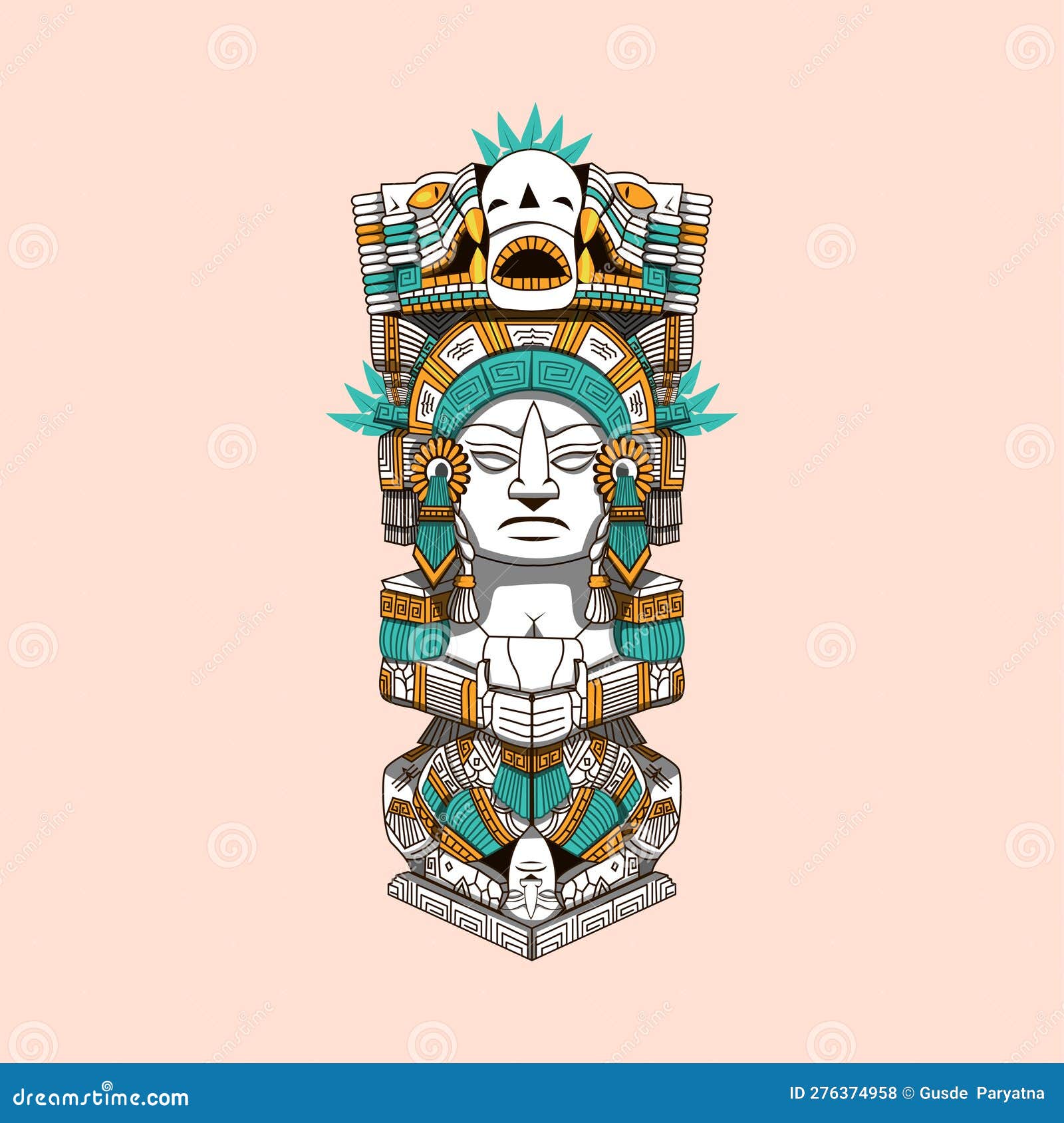 Ancient Mayan Sculpture Vector. Aztec Ornament. White, Sky Blue and ...