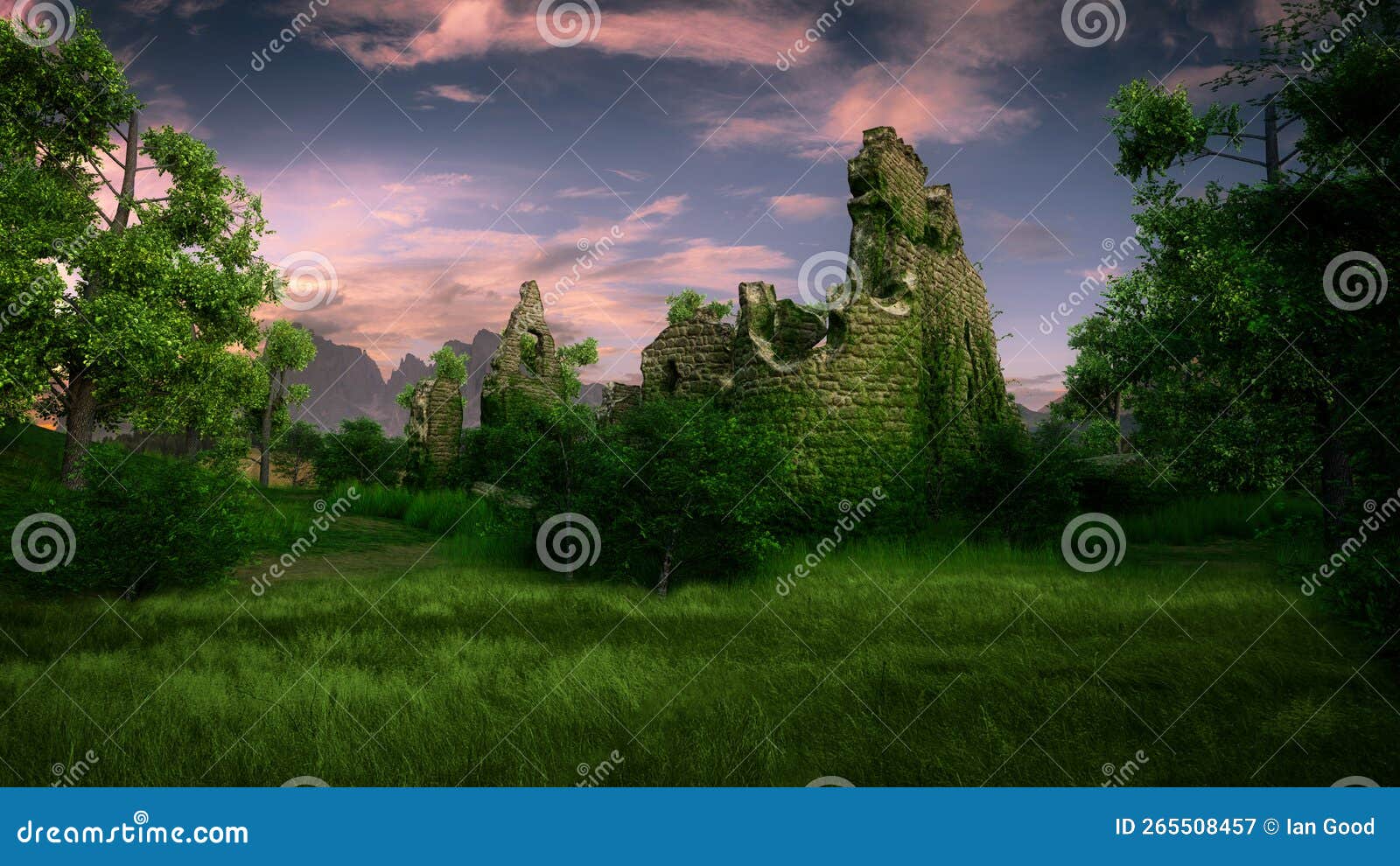 Ancient Medieval Castle Ruins in a Forest Clearing. 3D Rendering Stock ...