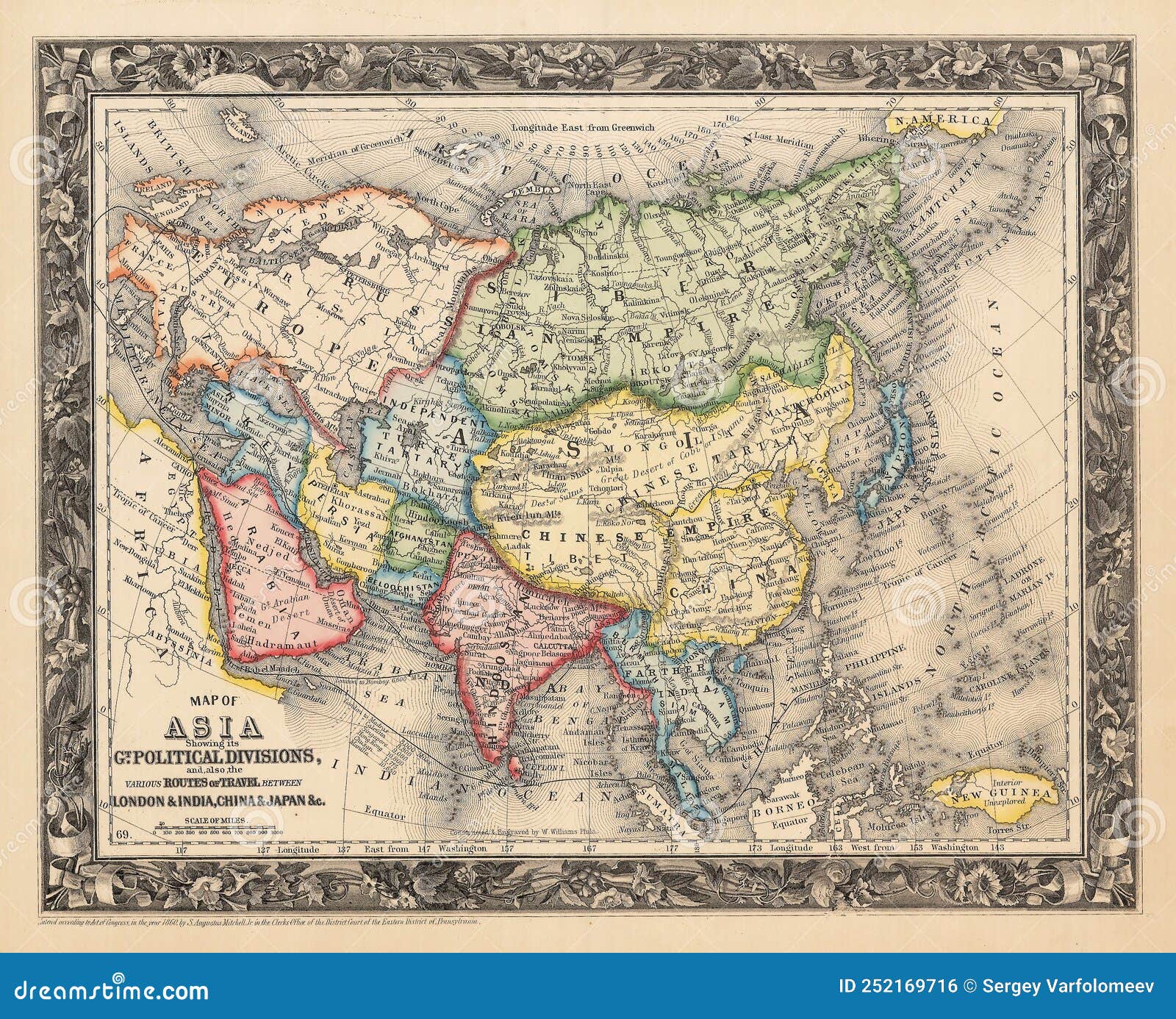 An Ancient Medieval Map Of Eurasia. 1860. Sepia, Decorative Frame ...