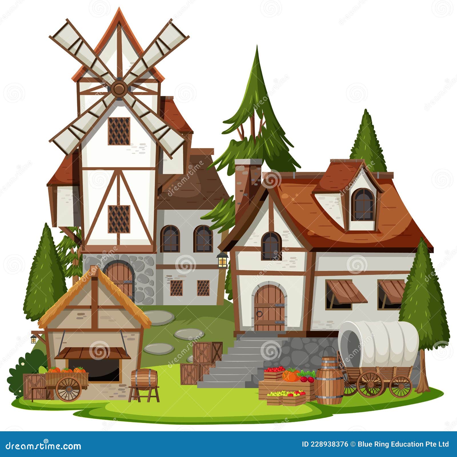 Ancient Medieval Village Isolated on White Background Stock Vector ...