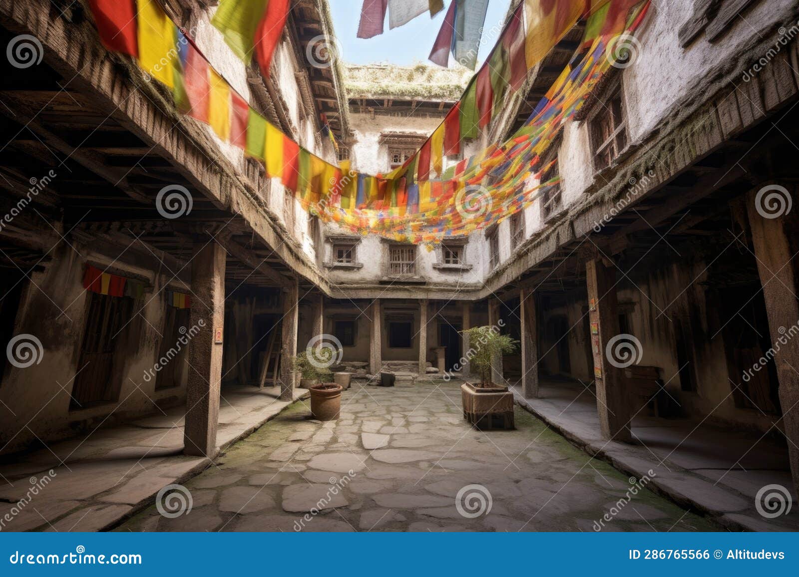 Ancient Monastery Courtyard with Colorful Prayer Flags Stock ...