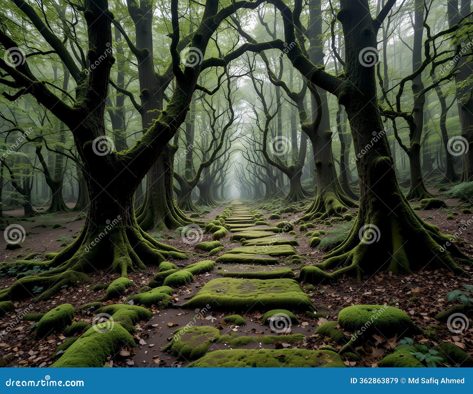 Ancient Moss-Covered Pathway through Enchanted Forest Stock ...