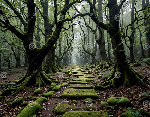 Ancient Moss-Covered Pathway through Enchanted Forest Stock Illustration - Illustration of moss ...