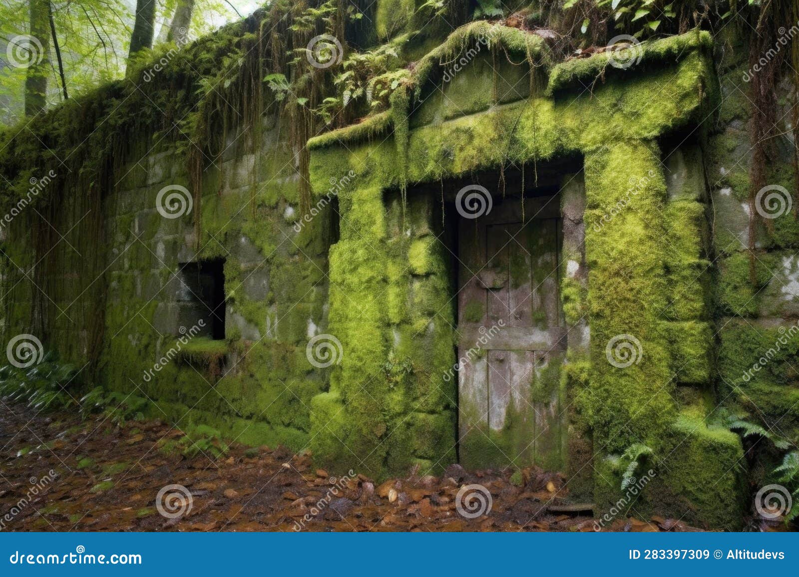 Ancient Mossy Brick Wall With A Mysterious Door Royalty-Free Stock ...