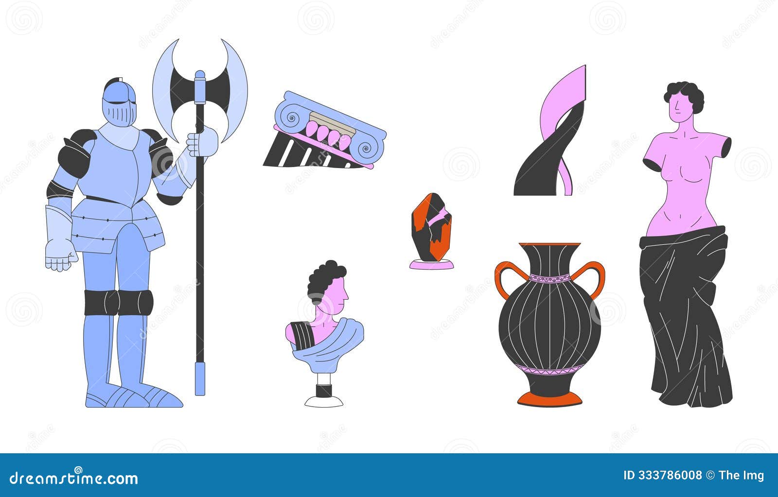 Ancient Museum Artifacts Black And White 2D Line Cartoon Objects Set ...