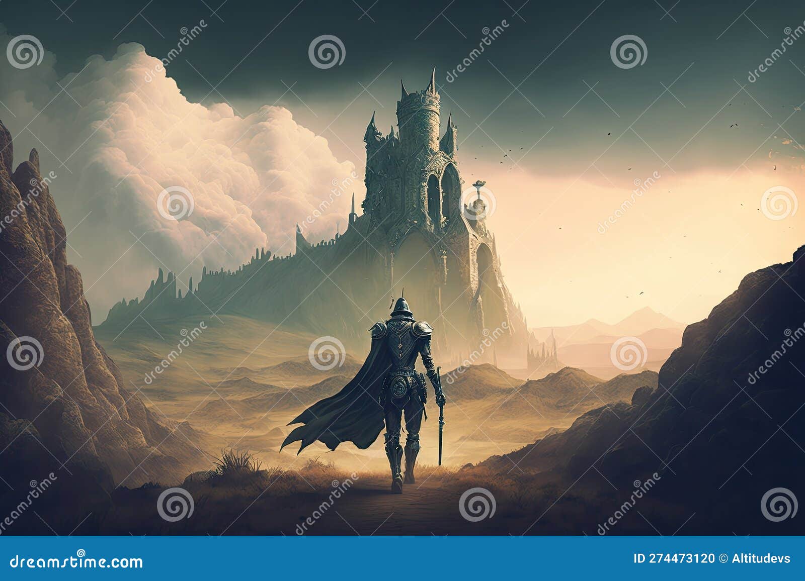 Ancient Mystical Kingdom in Future and Walking Knight Standing on Hill ...