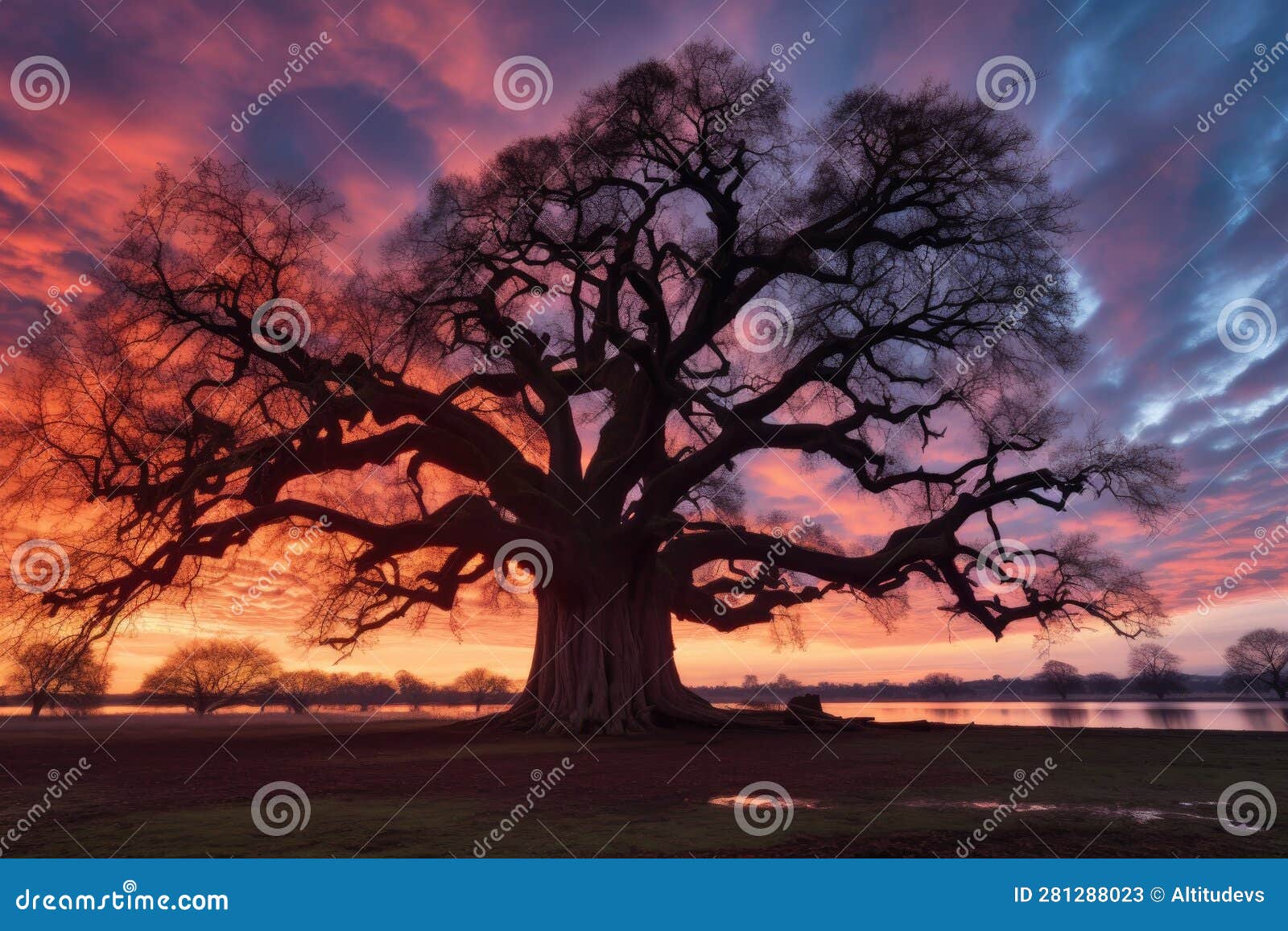 Ancient Oak Tree Silhouetted Against a Dramatic Sunset Sky Stock ...
