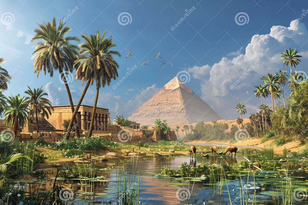 Ancient Oasis with Pyramid and Palm Trees Stock Illustration ...
