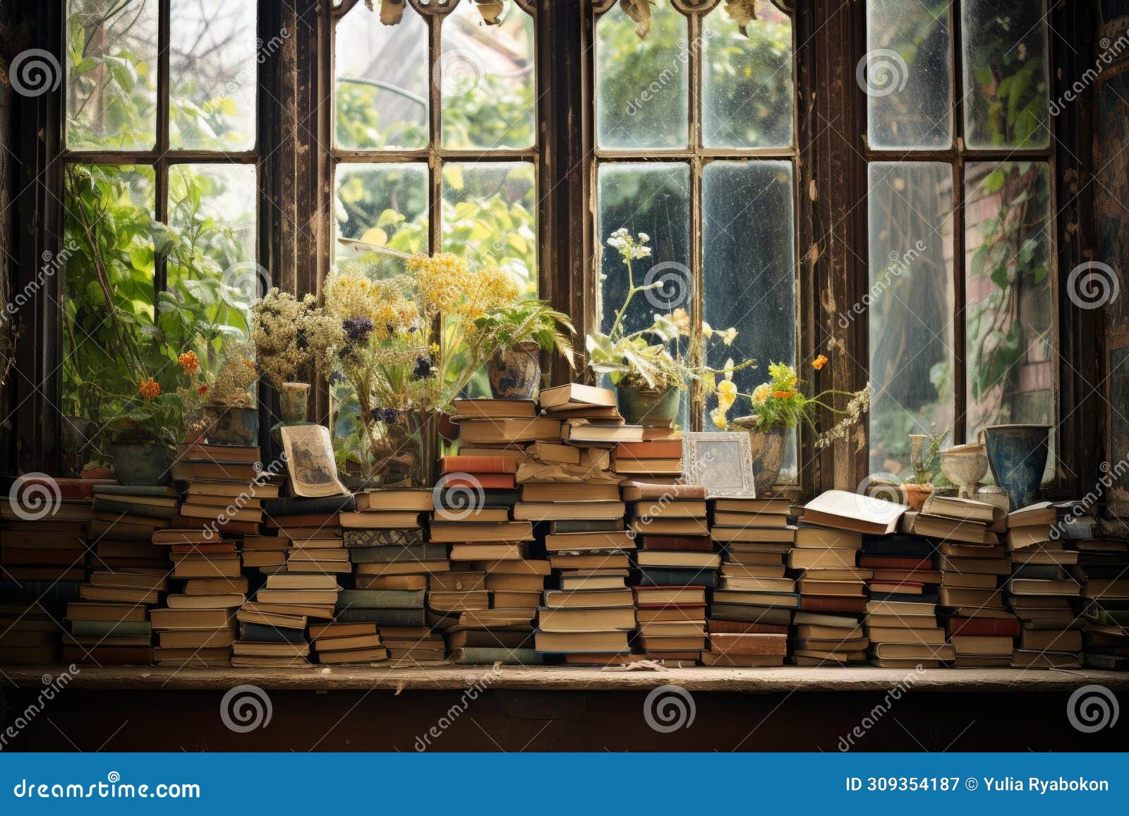 Ancient Old Books Stack on Window. Generate Ai Stock Illustration ...