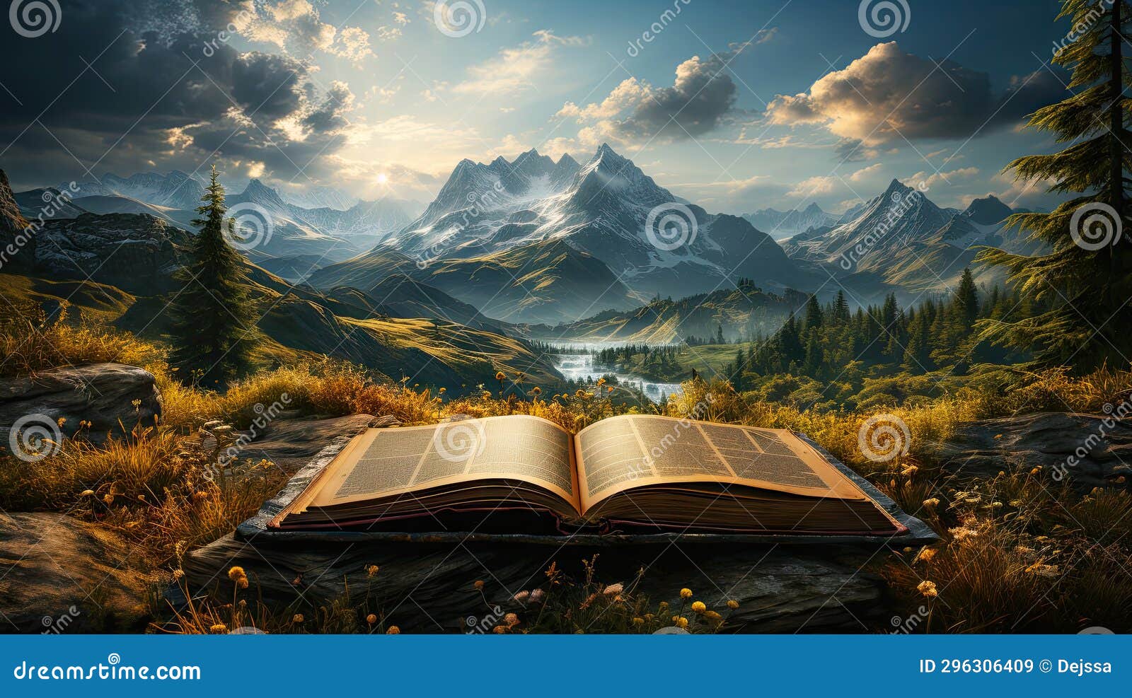 An Ancient Open Book on the Ground in Front of Mountain Landscape Stock ...