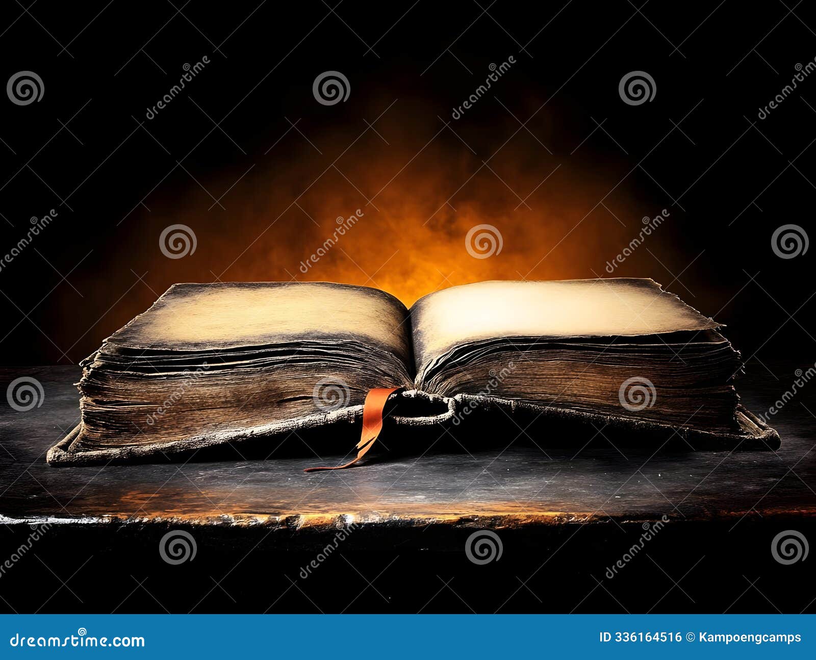 An Ancient, Open Book with Worn Pages and a Ribbon, Illuminated Against ...