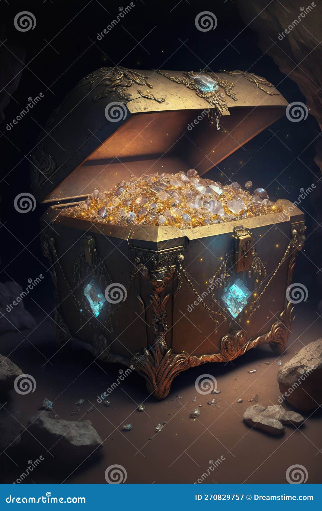 Ancient Open Treasure Chest, Glowing Gemstones and Gold Inside Stock ...