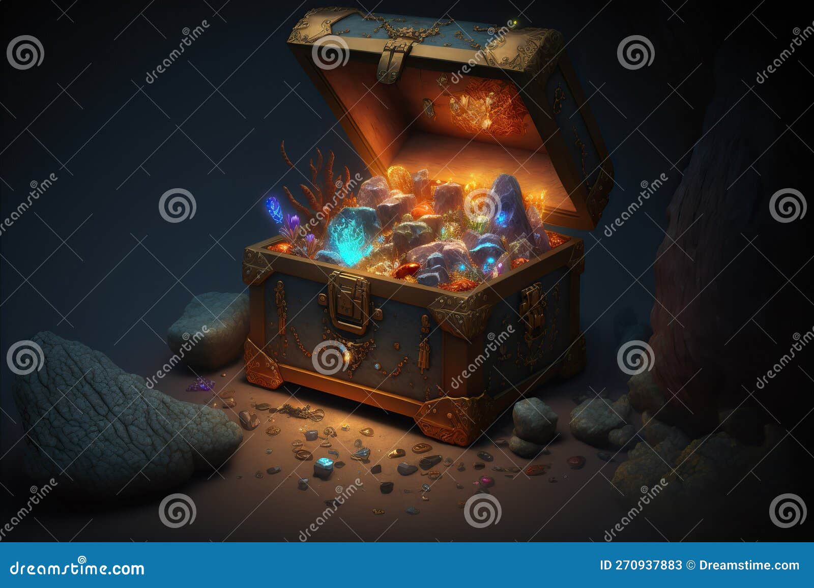 Ancient Open Treasure Chest, Glowing Gemstones And Gold Inside Royalty ...