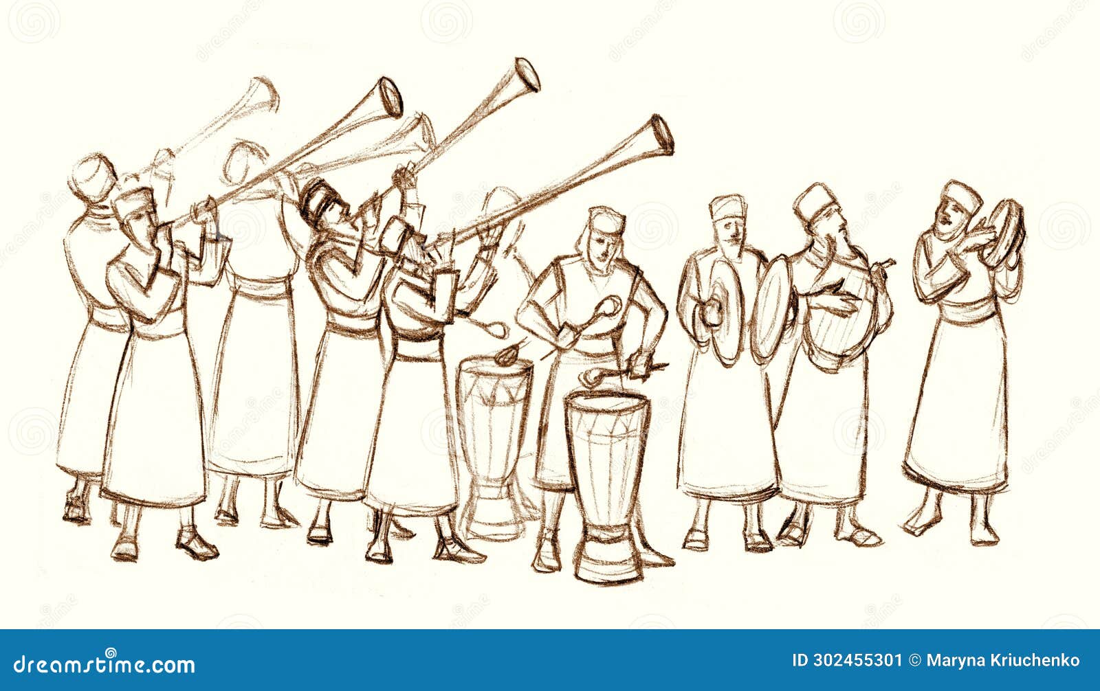 An Ancient Orchestra is Playing. Pencil Drawing Stock Image - Image of ...