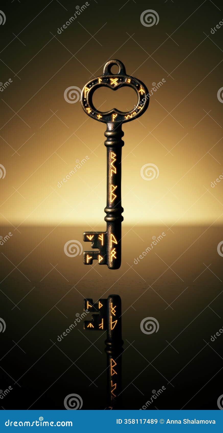 Ancient Ornate Skeleton Key with Runes Reflected on Dark Golden Surface ...